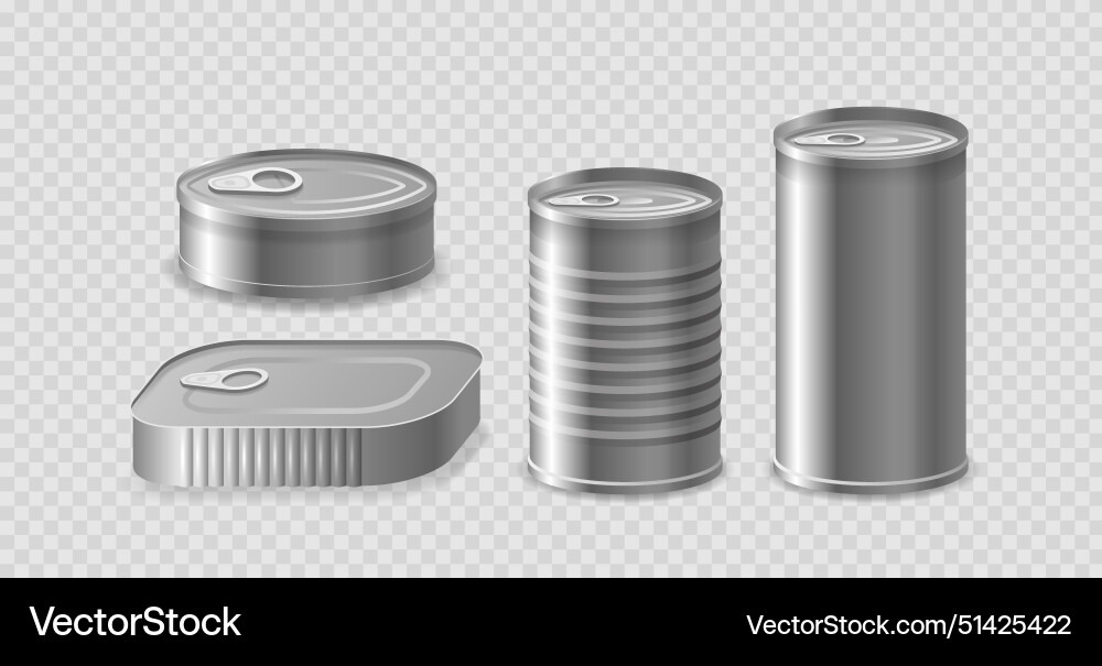 Set of various metal cans including cylindrical Vector Image