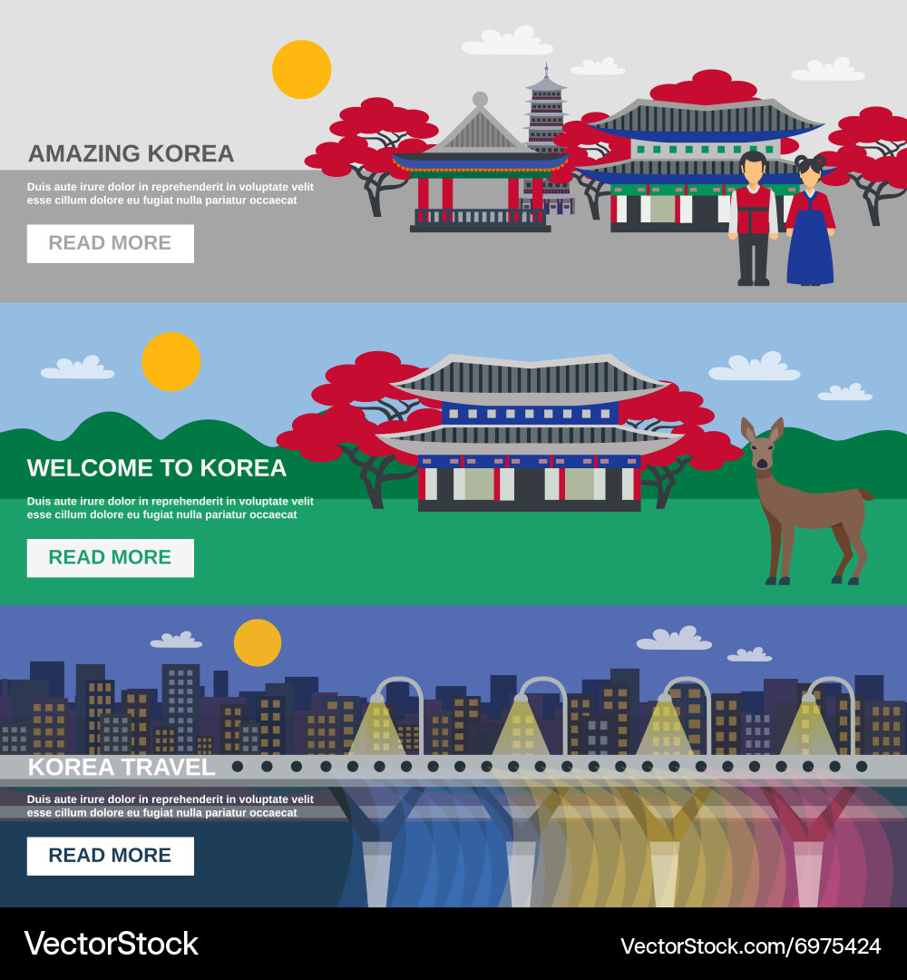 Korean culture 3 flat banners set Royalty Free Vector Image