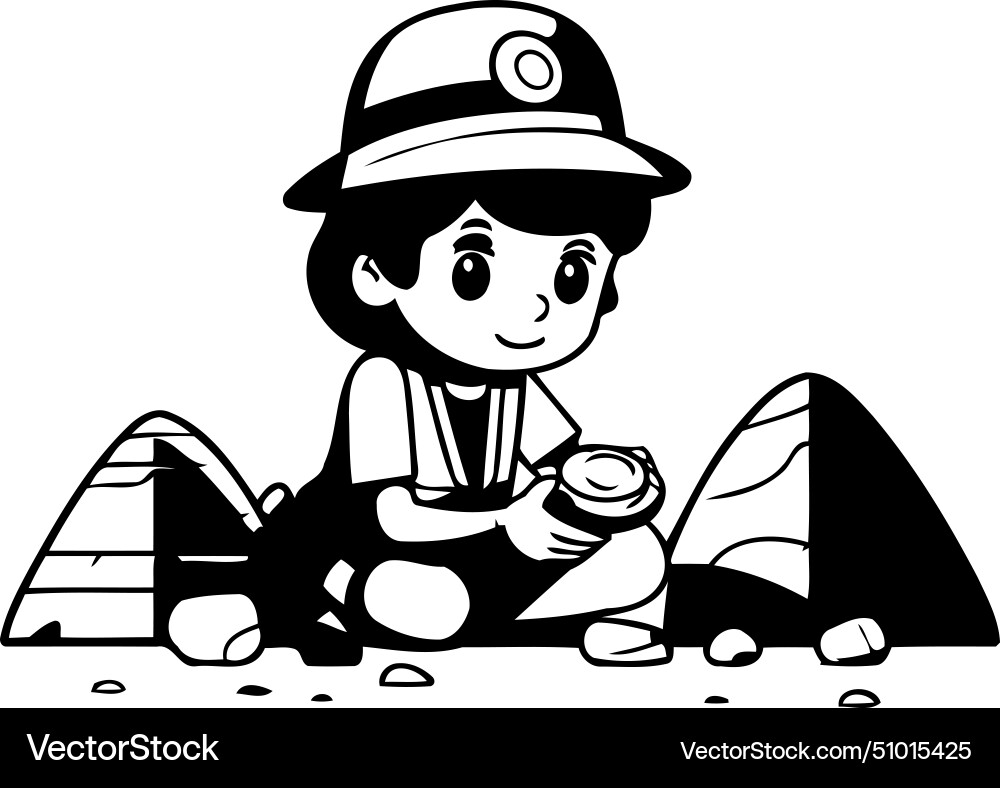 Cute cartoon explorer boy sitting on the stone Vector Image