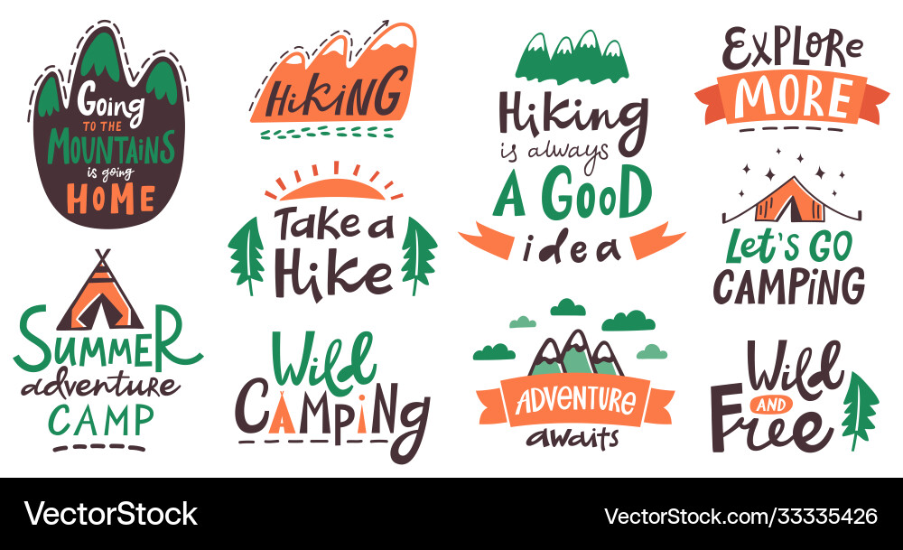 Hiking camp lettering phrases camping typography Vector Image