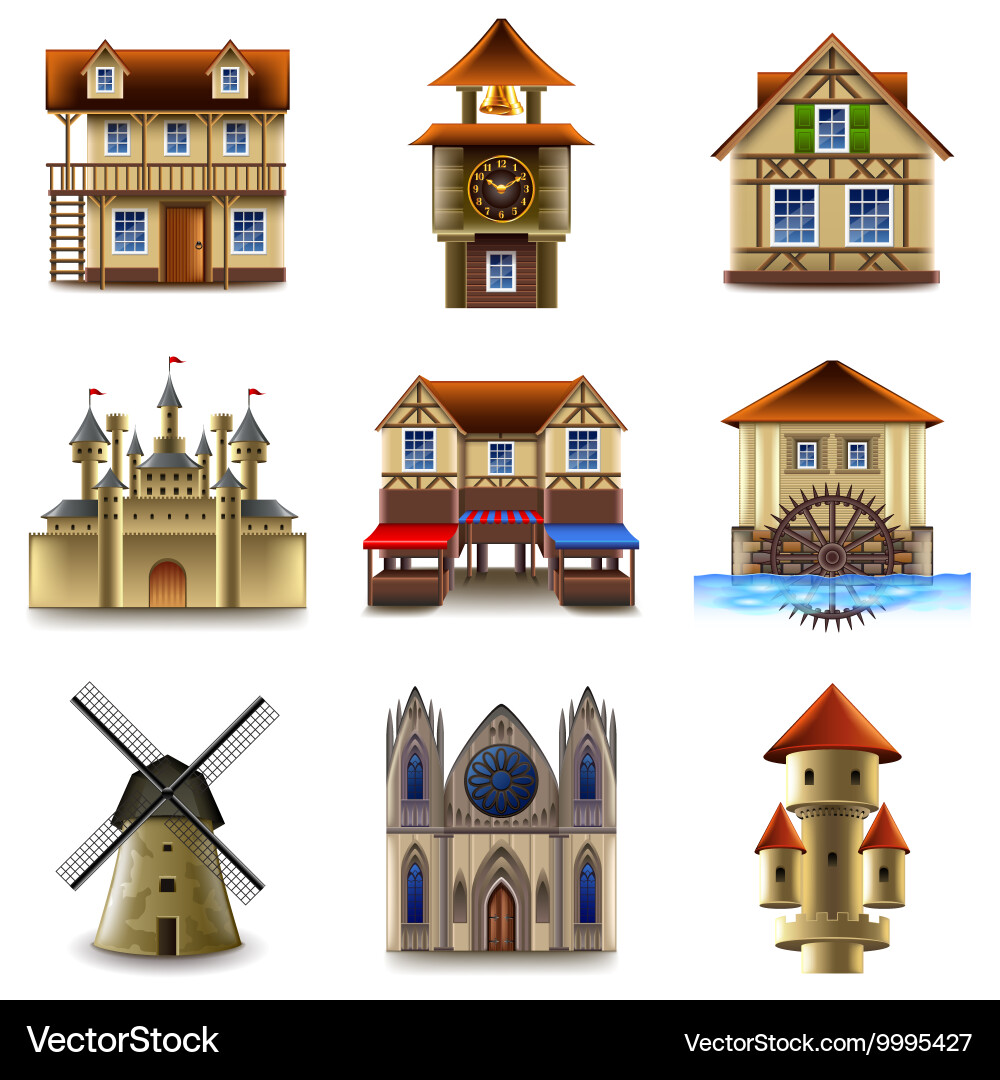Medieval buildings icons set Royalty Free Vector Image