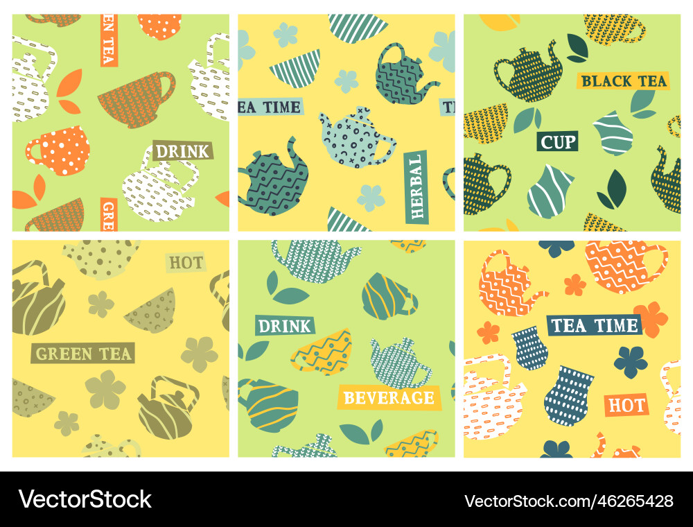 Decorative pattern set with tea cup and kettle Vector Image