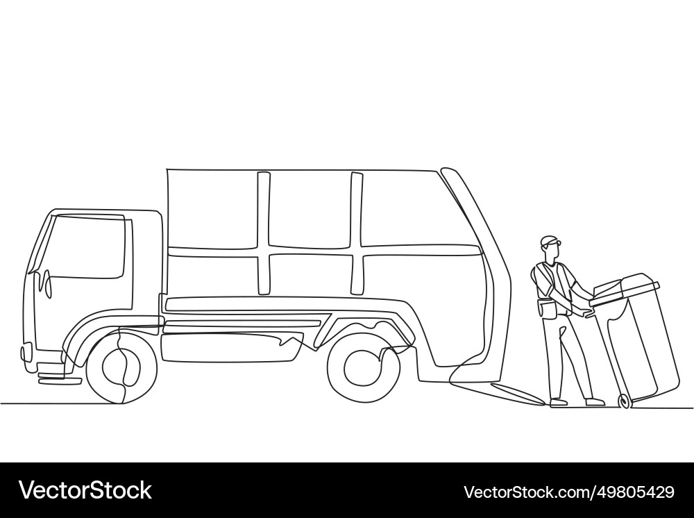 Single continuous line drawing trash man pulling Vector Image