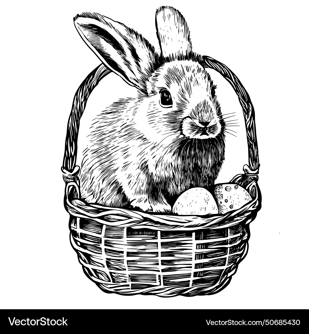 Easter bunny in basket eggs Royalty Free Vector Image