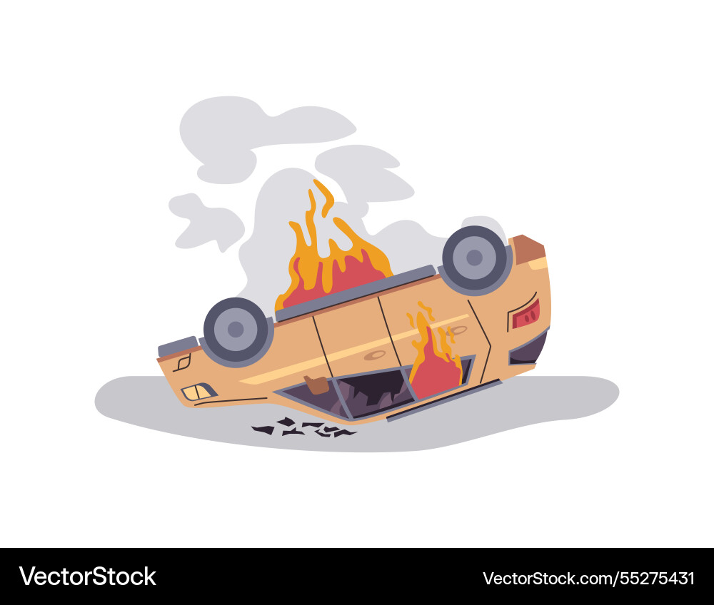 Traffic accident rollover car in fire Royalty Free Vector