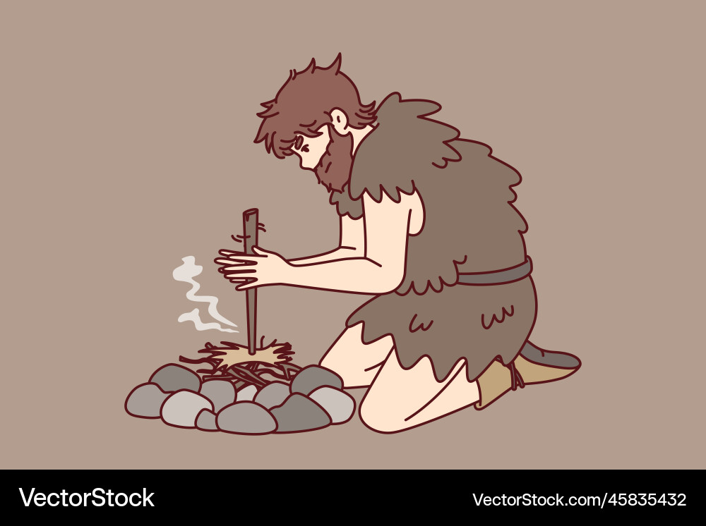 Caveman Making Fire with Friction Royalty Free Vector Image