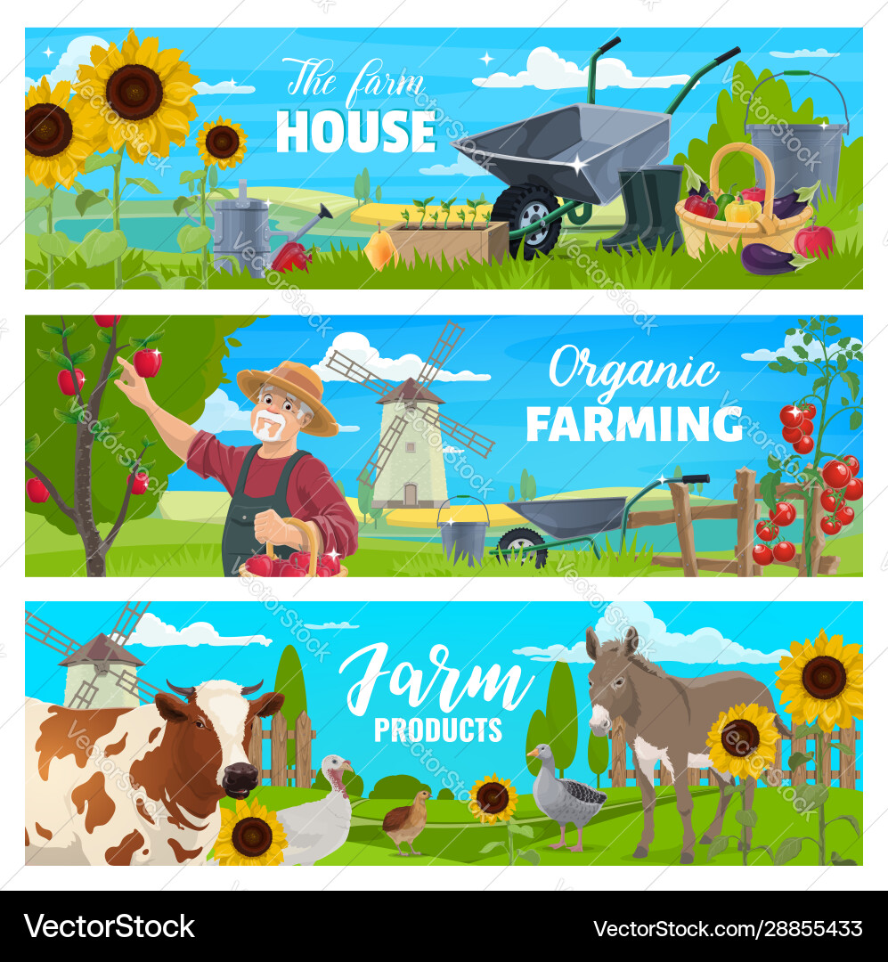 Farmer with farm animals vegetables and tools Vector Image
