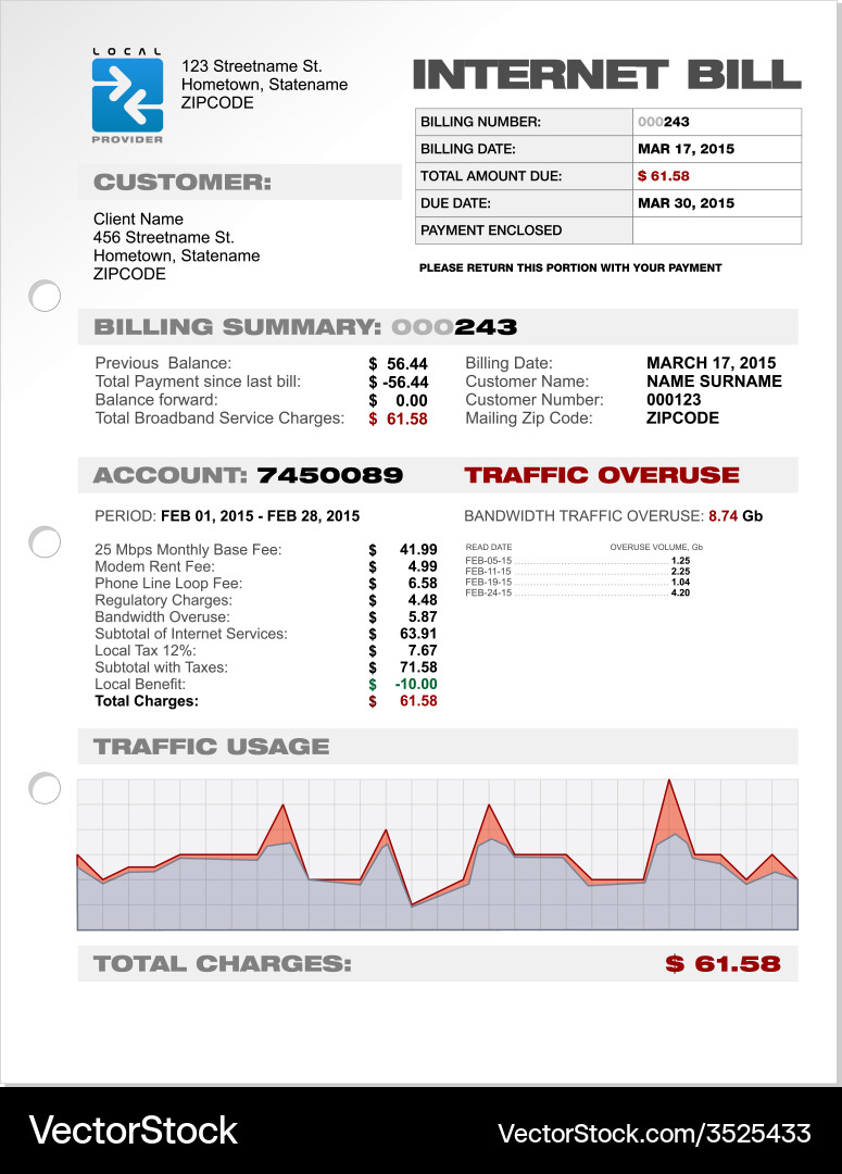 Internet isp bill document template Royalty Free Vector