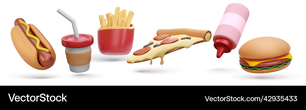 Set of 3d realistic render fast food elements Vector Image