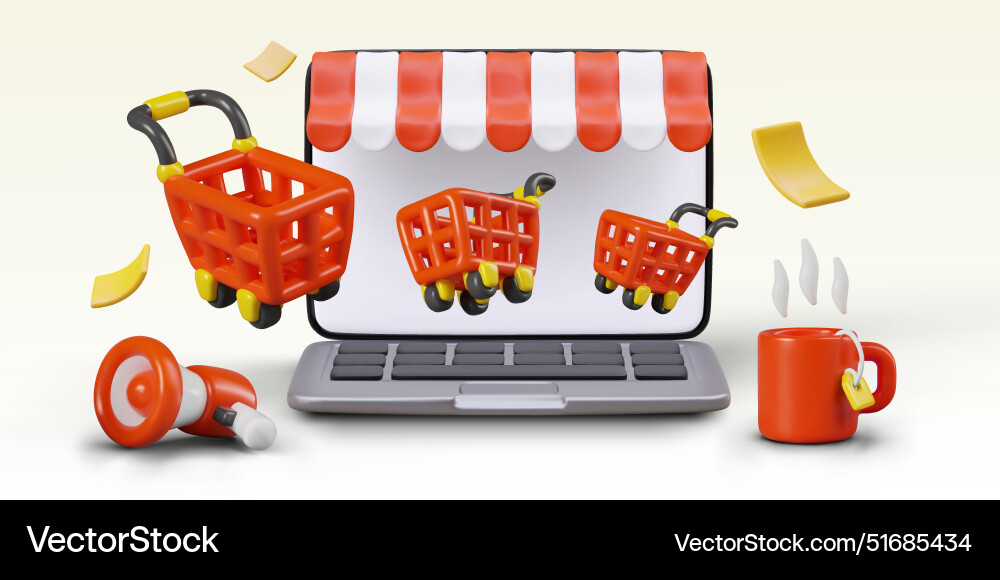 Composition with flying shopping cart open laptop Vector Image