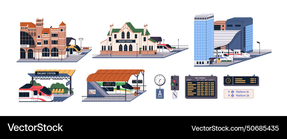 Railway stations set train railroad transport Vector Image