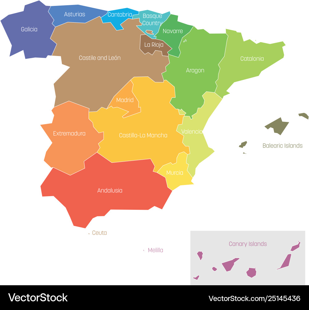 Political divisions spain map regional Royalty Free Vector