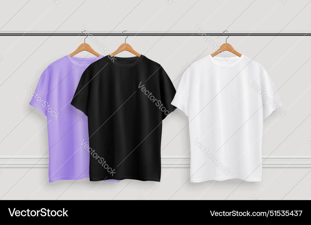 Realistic t shirts on the rack 3d mockup Vector Image