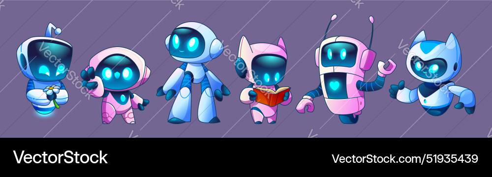 Cute cartoon ai chatbot robots with smiling faces Vector Image