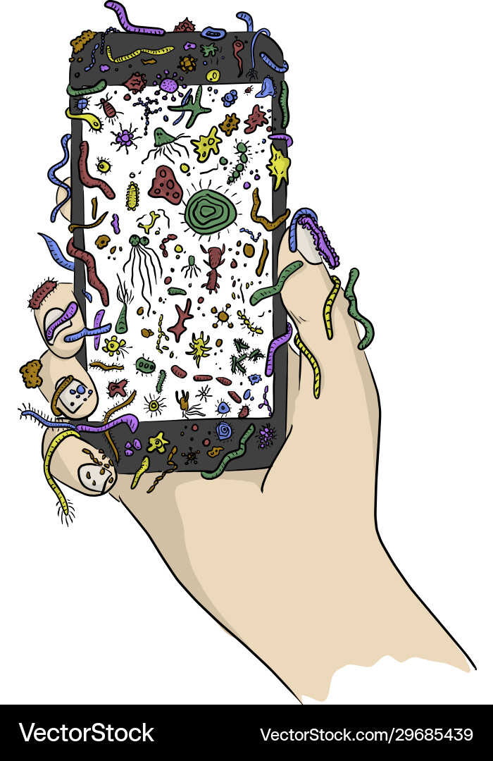 Hand holding mobile phone with colorful germs Vector Image
