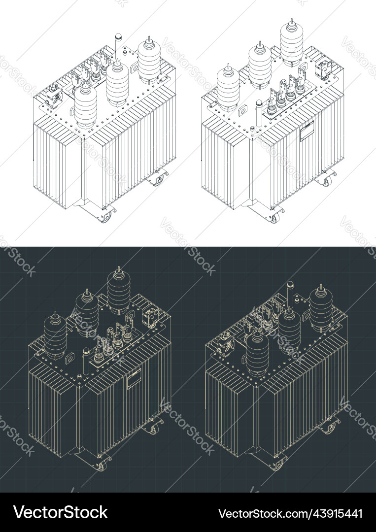 Power three-phase transformer isometric blueprints