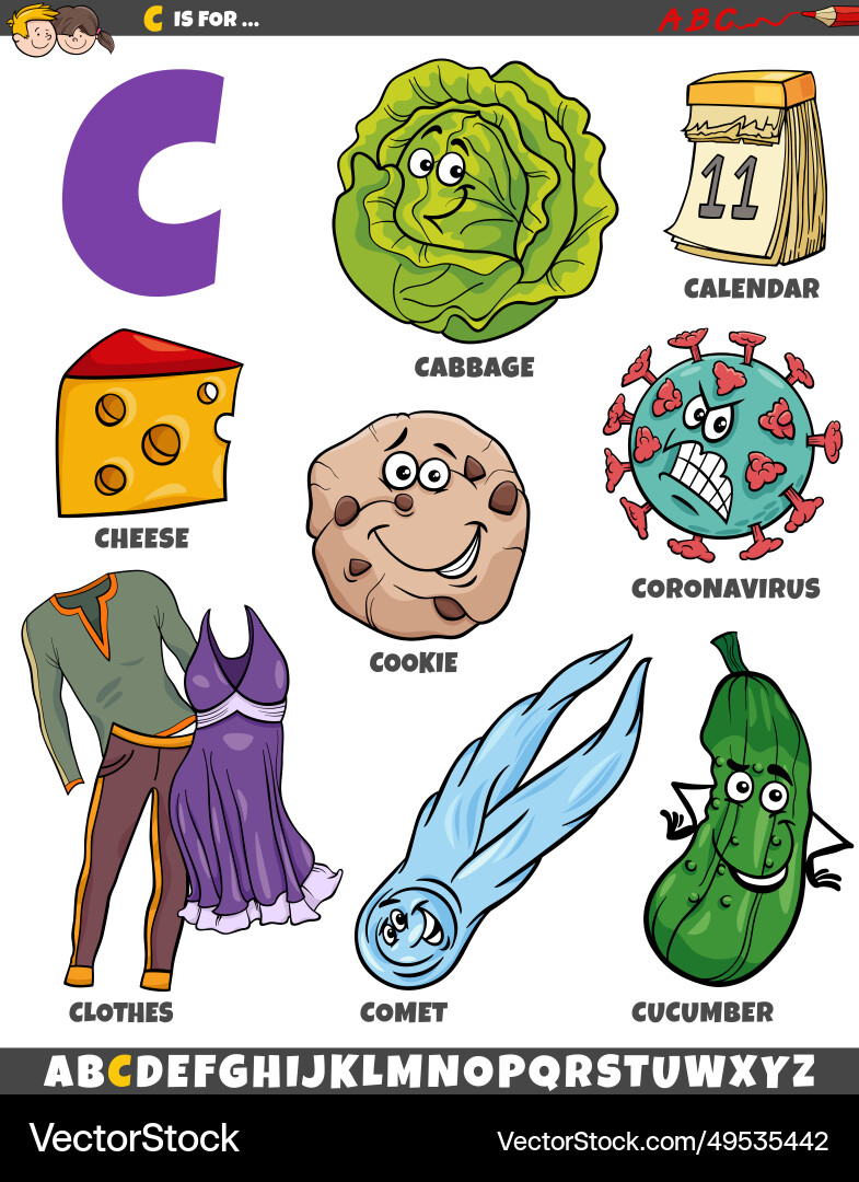 Letter c set with cartoon objects and characters Vector Image