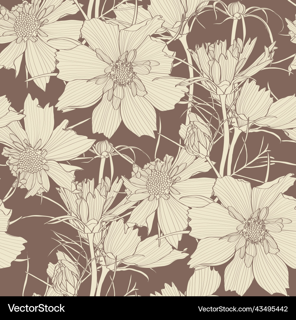 Seamless pattern with line cosmos flowers Vector Image