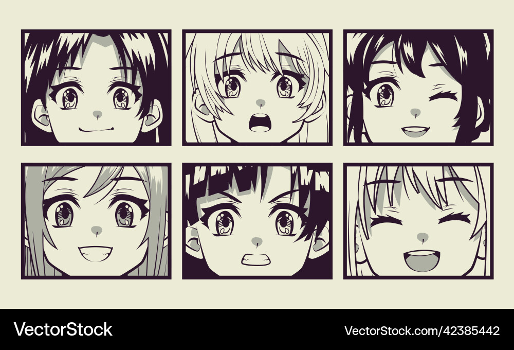 Six girls anime faces Royalty Free Vector Image
