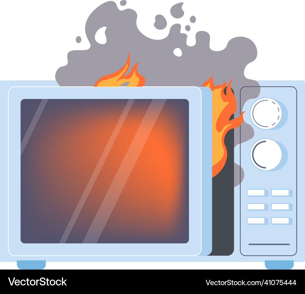 Burning broken microwave oven fire and flames Vector Image
