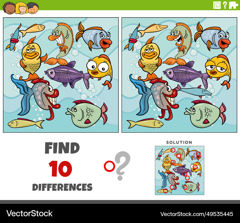 Differences activity with cartoon fish animal Vector Image
