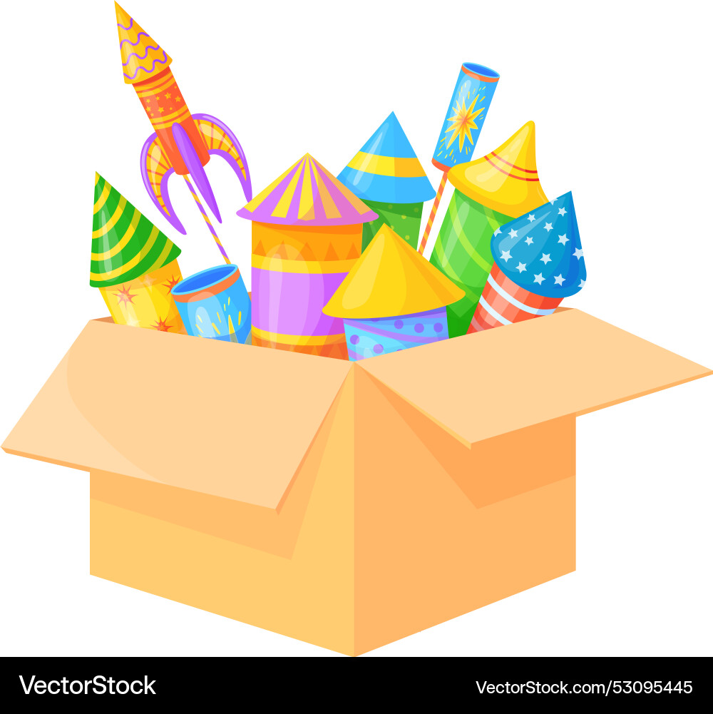 Fire crackers in cardboard box cartoon fireworks Vector Image