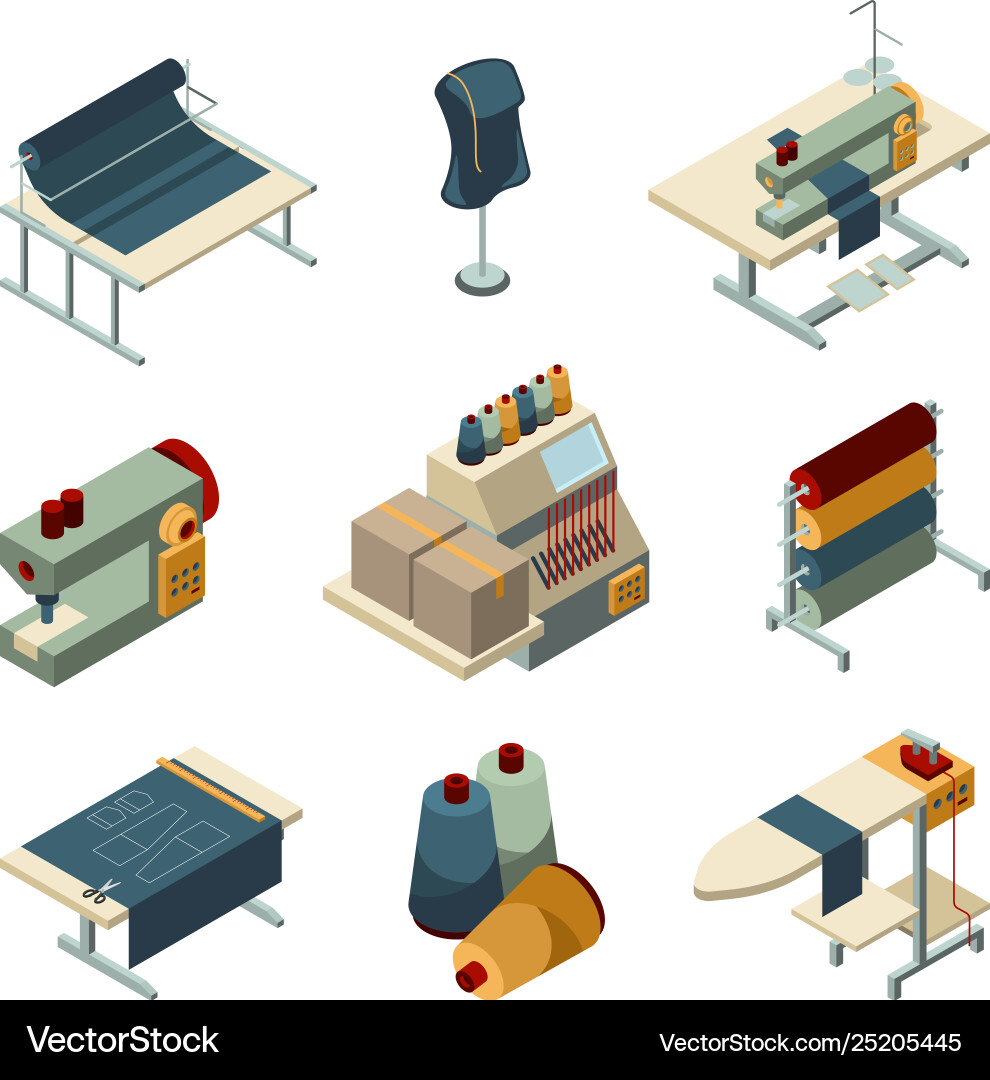 Sewing isometric garment embroidery production Vector Image