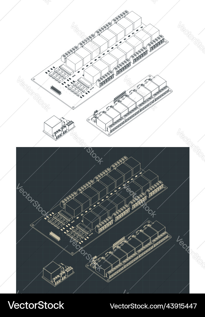 Relays isometric drawings mini set Royalty Free Vector Image