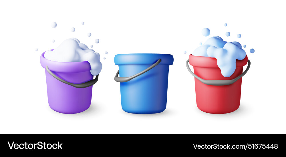 3d set of plastic bucket with soapy foam and empty