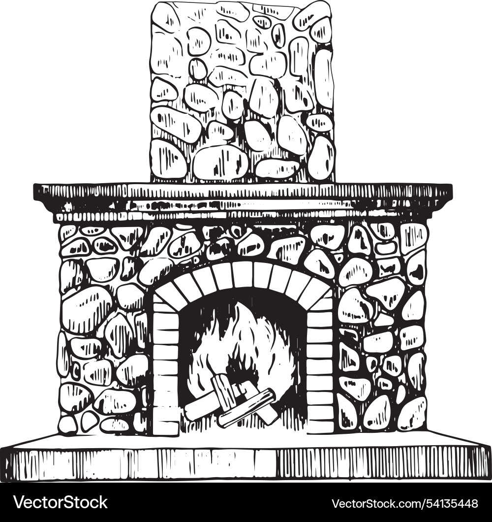 A stone fireplace with wood and fire inside Vector Image