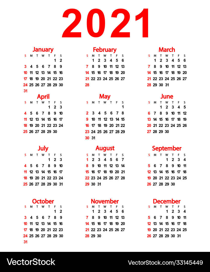Calendar new year 2021 Royalty Free Vector Image