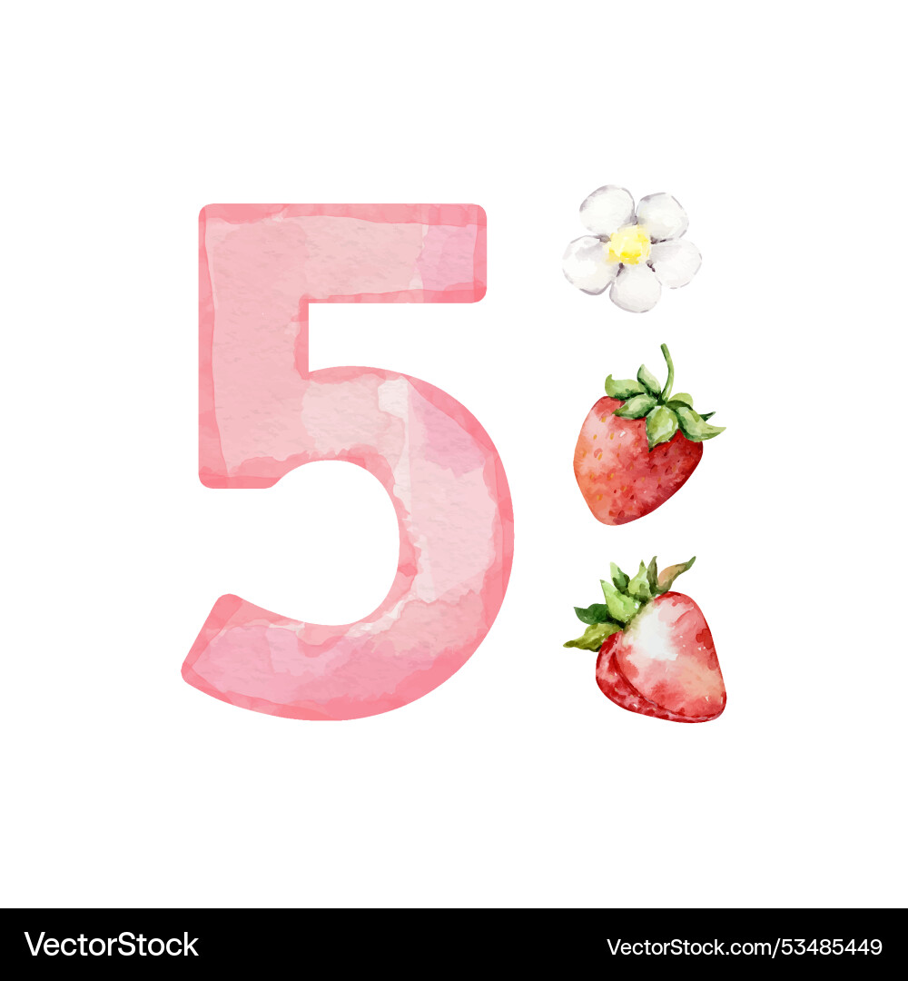 Watercolor pink number 5 with strawberry Vector Image