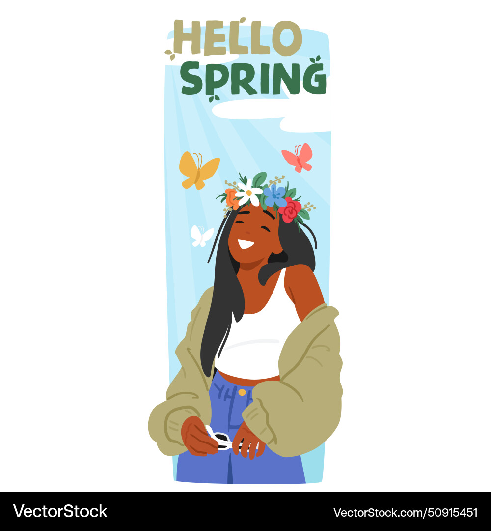 Hello spring banner with joyous young girl Vector Image