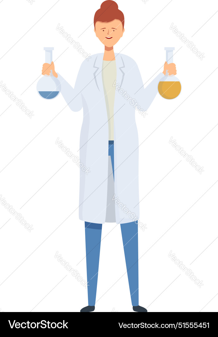 Smiling scientist woman holding two erlenmeyer Vector Image