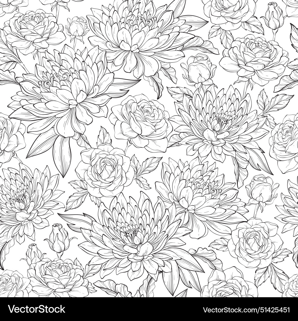 Vintage pattern with outline flowers rose Vector Image