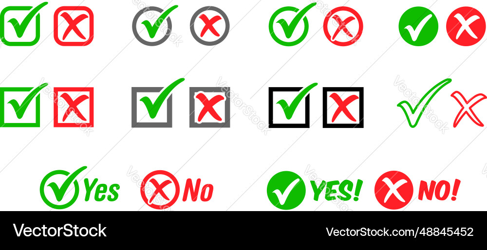 Classic tick check and cross mark in boxes set Vector Image