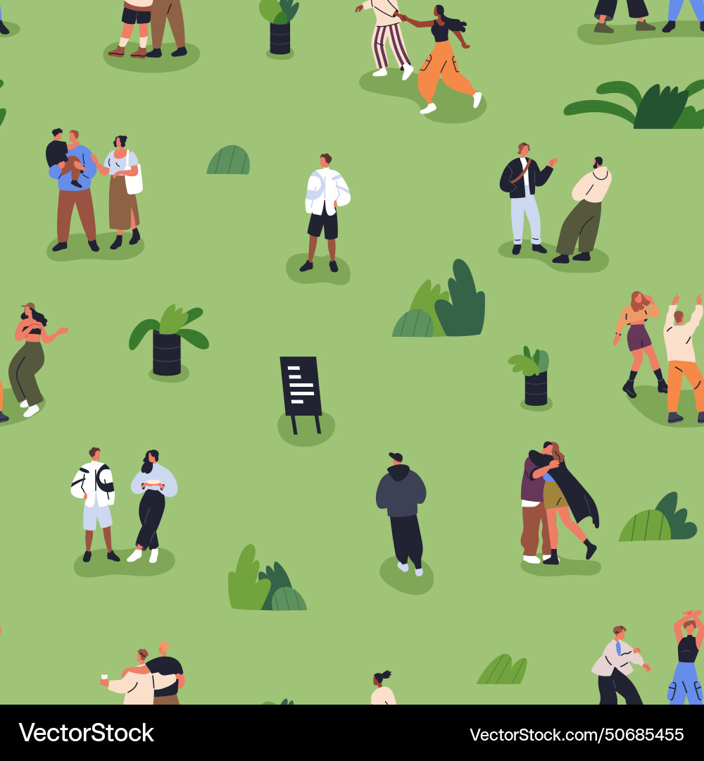 Tiny people in summer park seamless pattern Vector Image