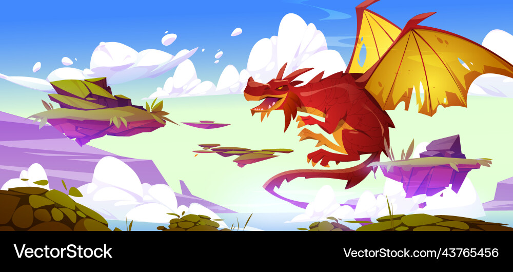 Dragon flying in cloudy sky with floating islands Vector Image