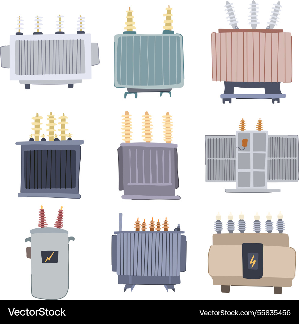 Electrical transformer set cartoon Royalty Free Vector Image