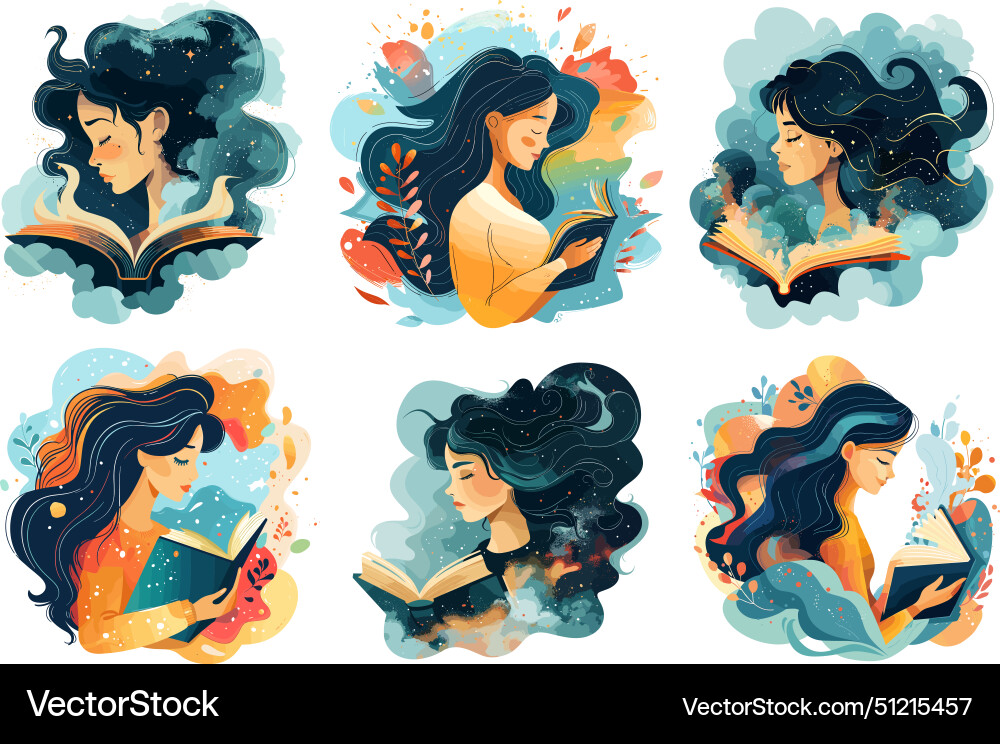 Woman book imagination concept dramatic Royalty Free Vector