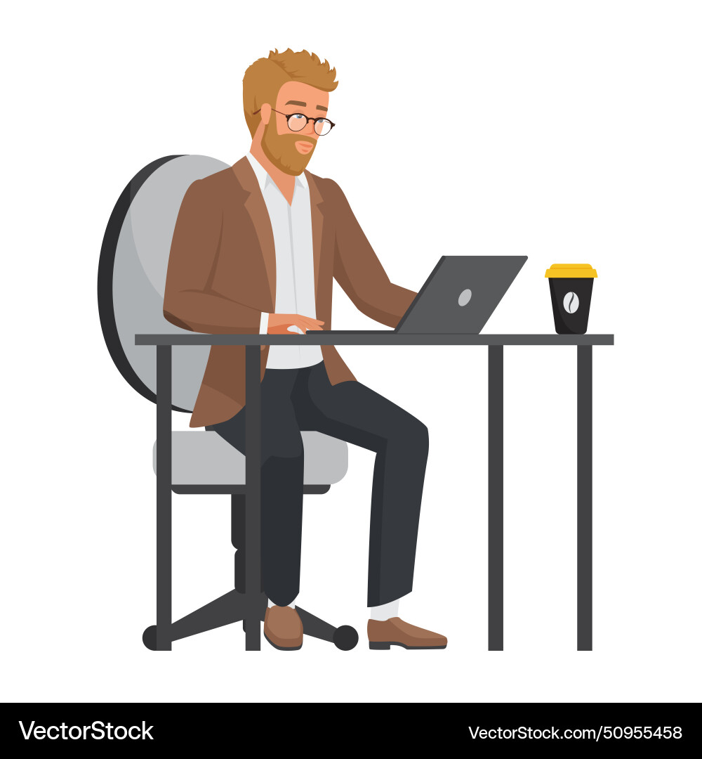 Teacher sitting at table with laptop and cup Vector Image