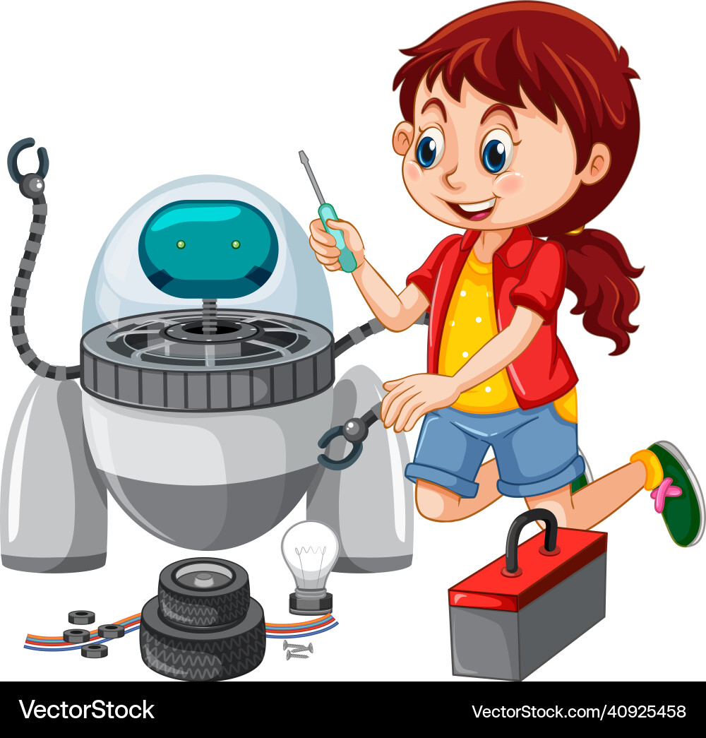 Young girl fixing a robot Royalty Free Vector Image