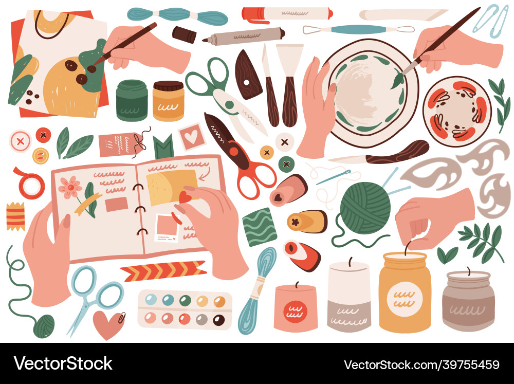 Handmade craft hobby set hands holding scrapbook Vector Image