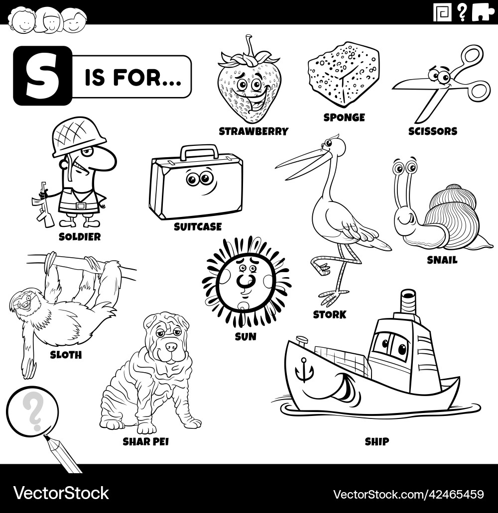 Letter s words educational set coloring book page Vector Image