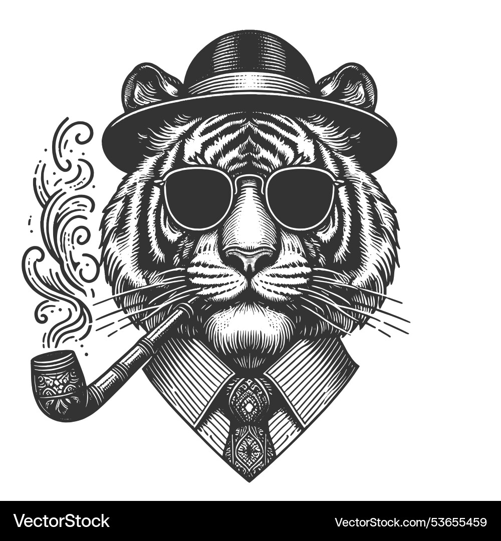 Tiger smoking pipe with bowler hat Royalty Free Vector Image