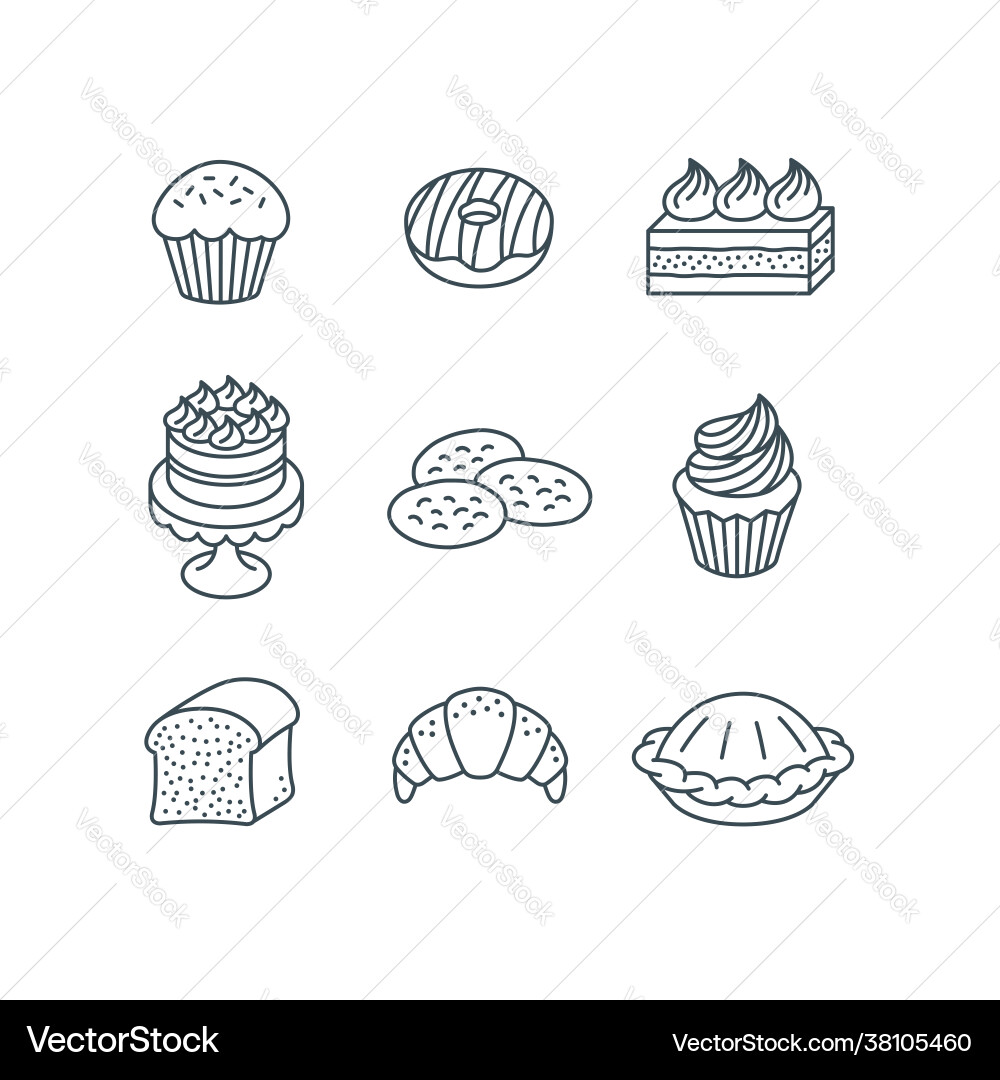 Different sweet pastry items simple linear icons Vector Image