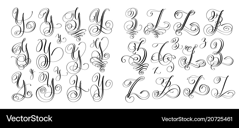Kalligraphie Buchstaben setzen y und z Script Schriftart