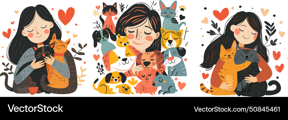 Cute Girl Hugging Pets Royalty Free Vector Image
