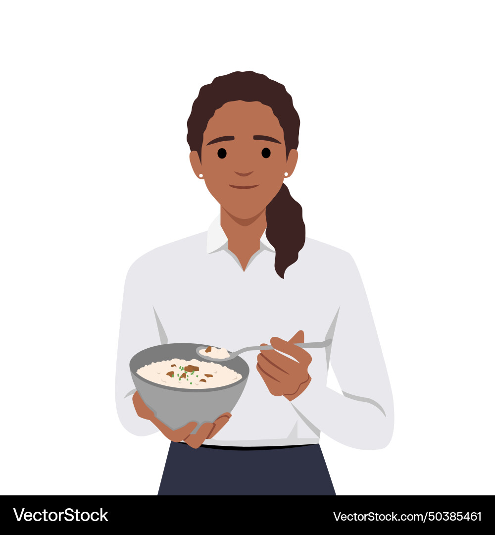 Woman eating fried rice using spoon in flat Vector Image