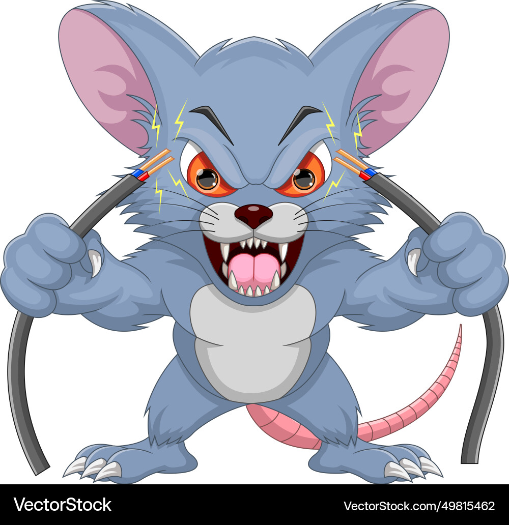 Angry mouse cut the power cable cartoon Royalty Free Vector